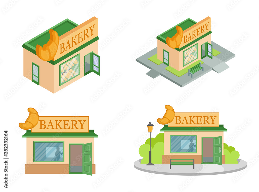 Set of Vector isometric Bakery Shops from different angles. Facade of ...