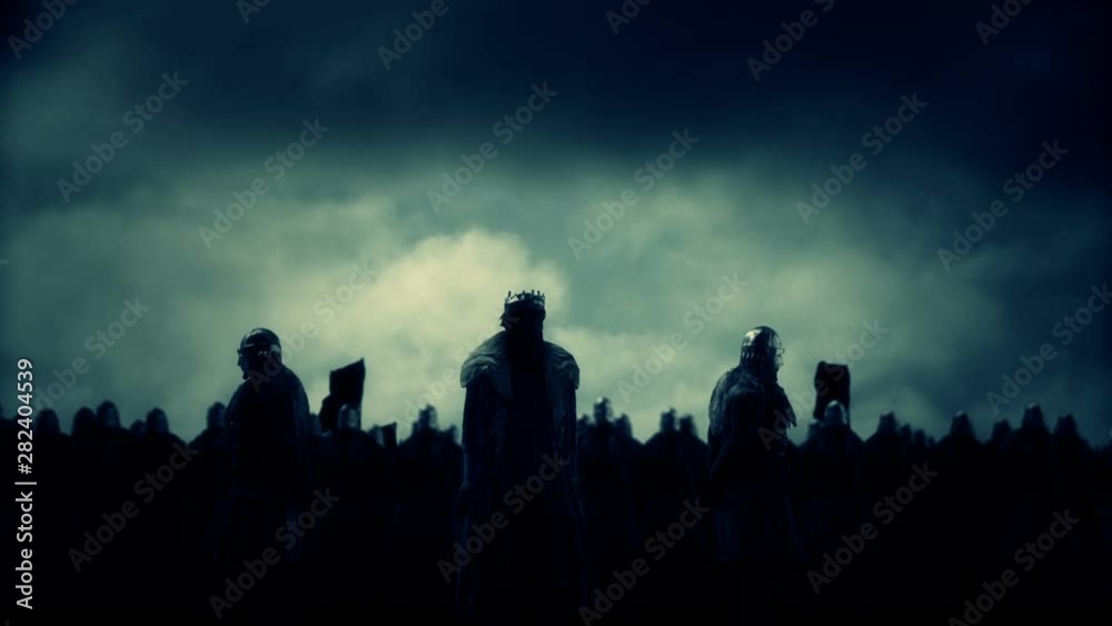 Medieval King Standing with his Royal Guards and Army in a Battle Field ...