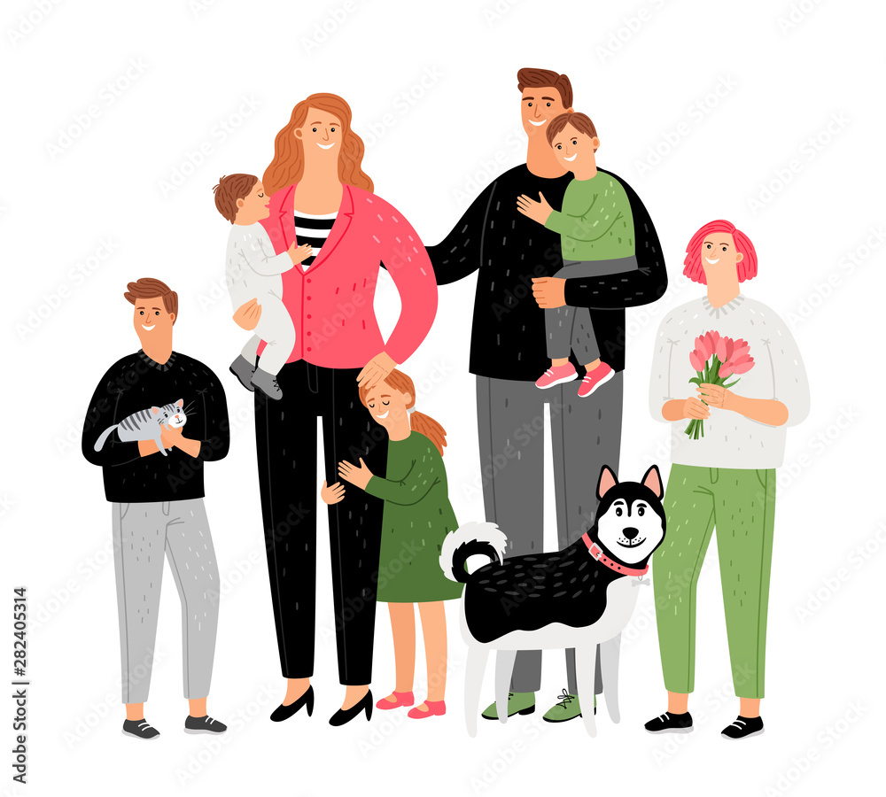 Happy family, parents with children and pets. Big family love with dog ...
