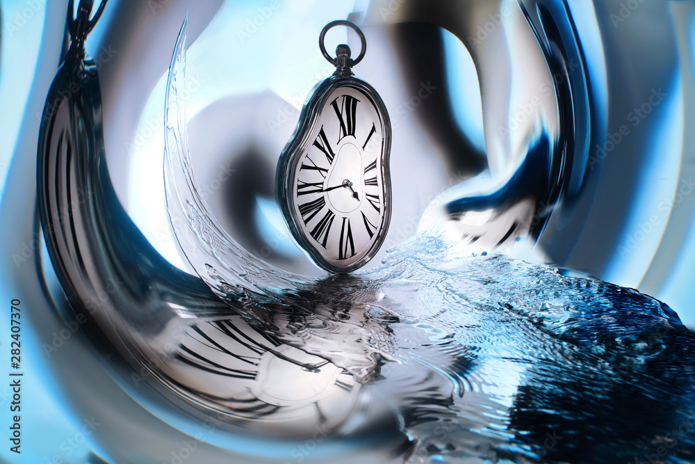 Reflection of the clock in the mirror surface. Concept: Time flows ...