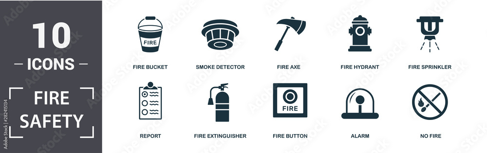 Fire Safety icon set. Contain filled flat smoke detector, fire ...