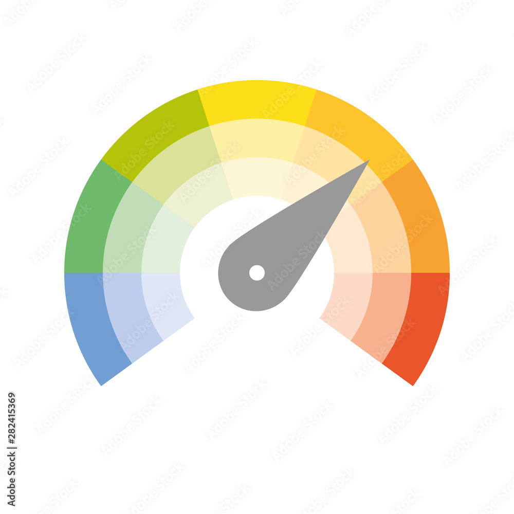 Multicolored spectrum radial gauge scale with arrow hand pointer ...