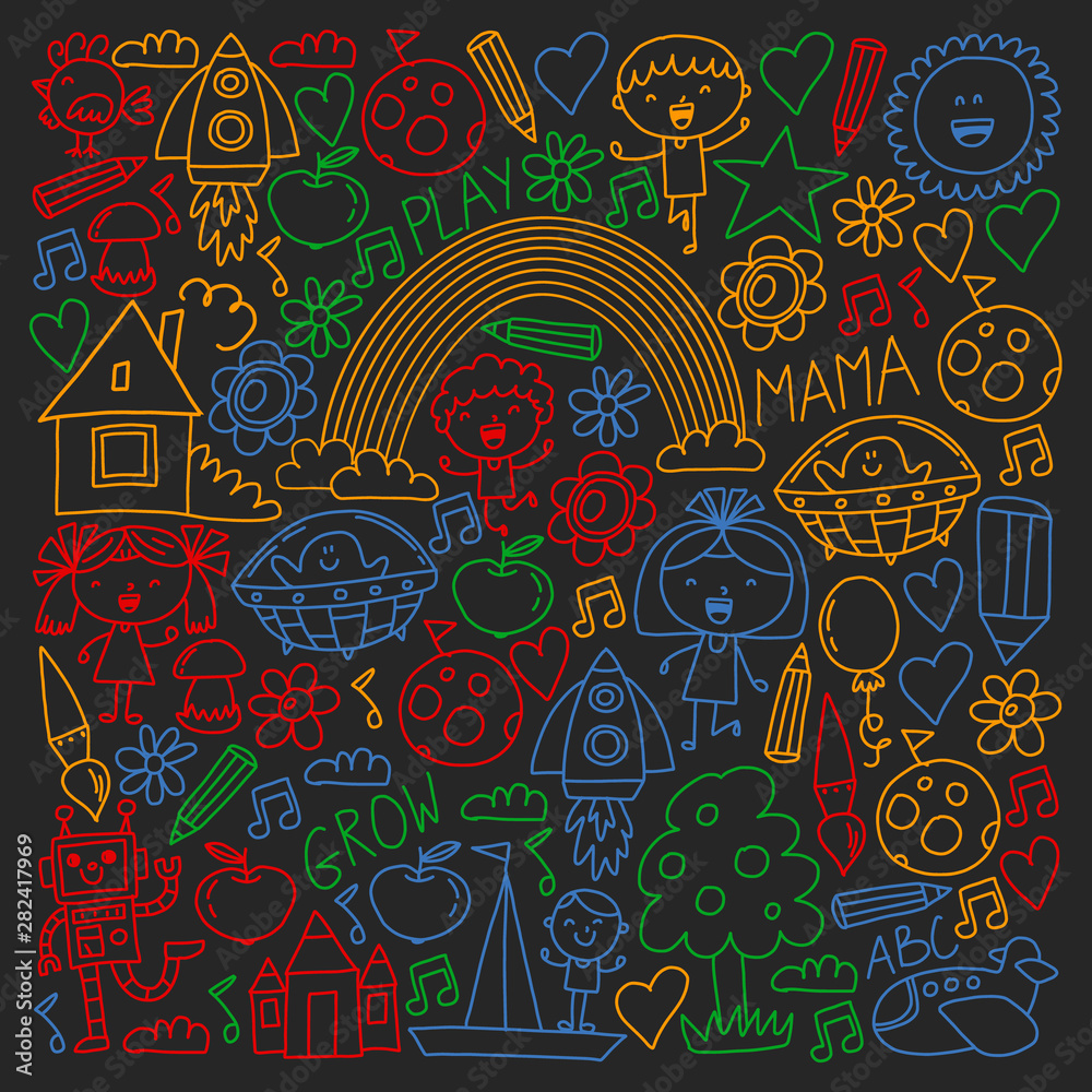 Painted by hand style pattern on the theme of childhood. Vector ...