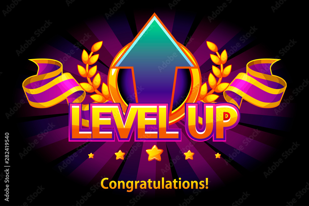 Level UP icon, game screen. Vector illustration with arrow and puple ...