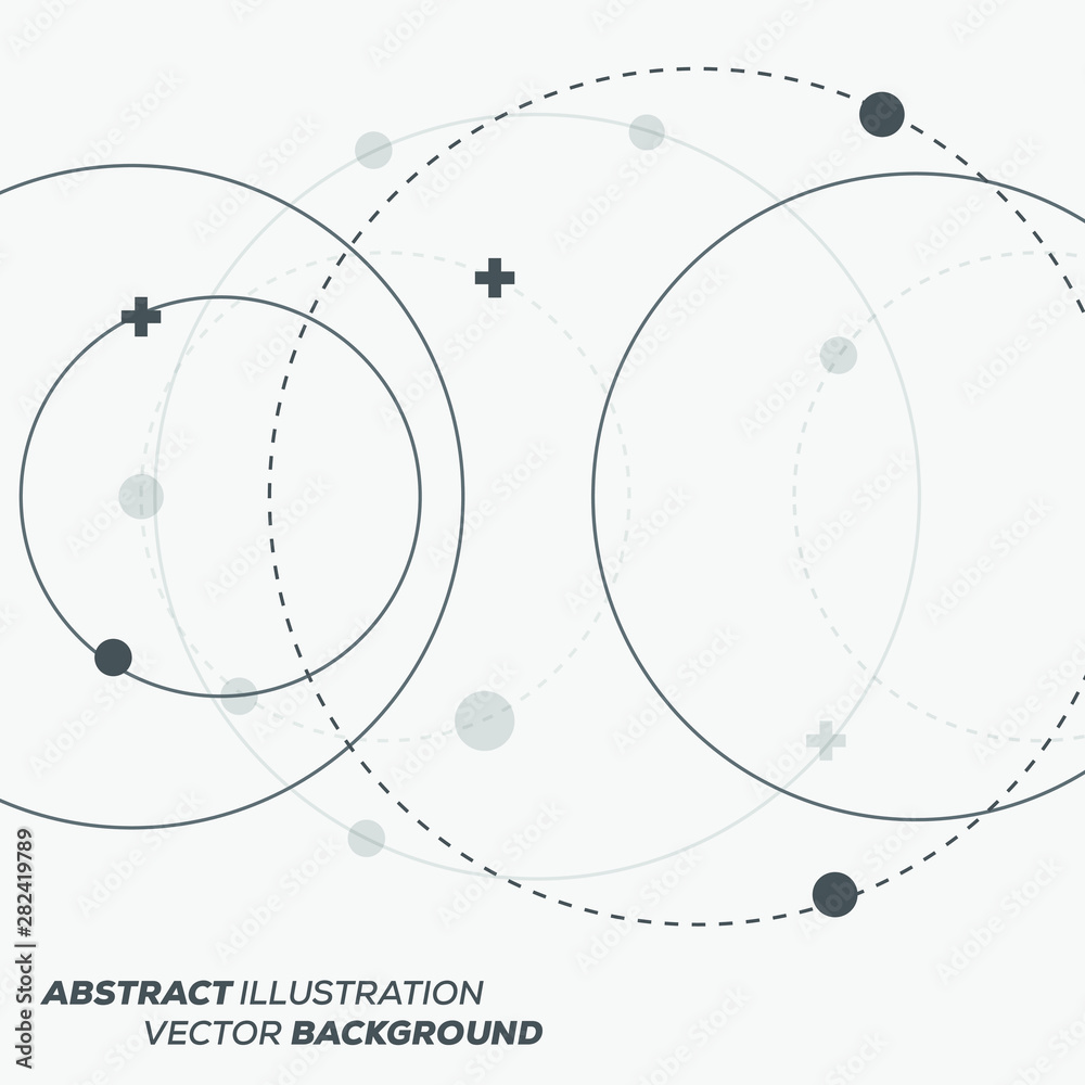 Abstract vector illustration with overlapping circles, dots and dashed circles. Science and ...
