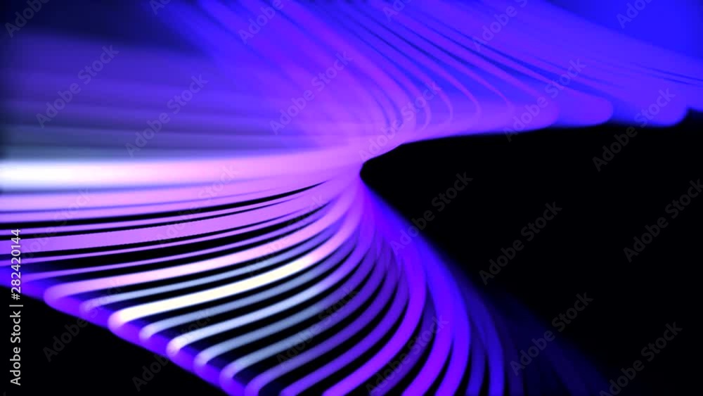Abstract curved neon lines of lilac color rotating on black background ...