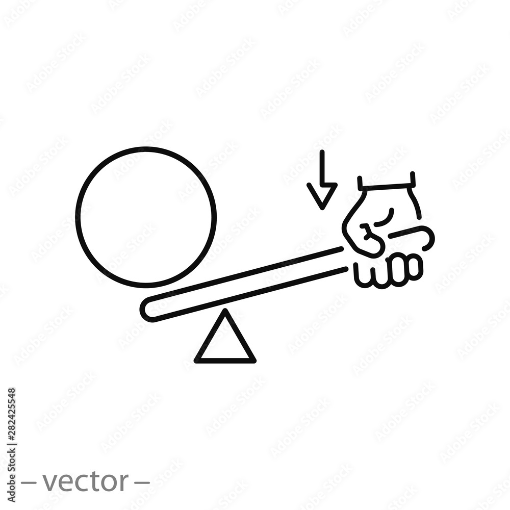 leverage icon, lever effort, balance line symbol on white background ...