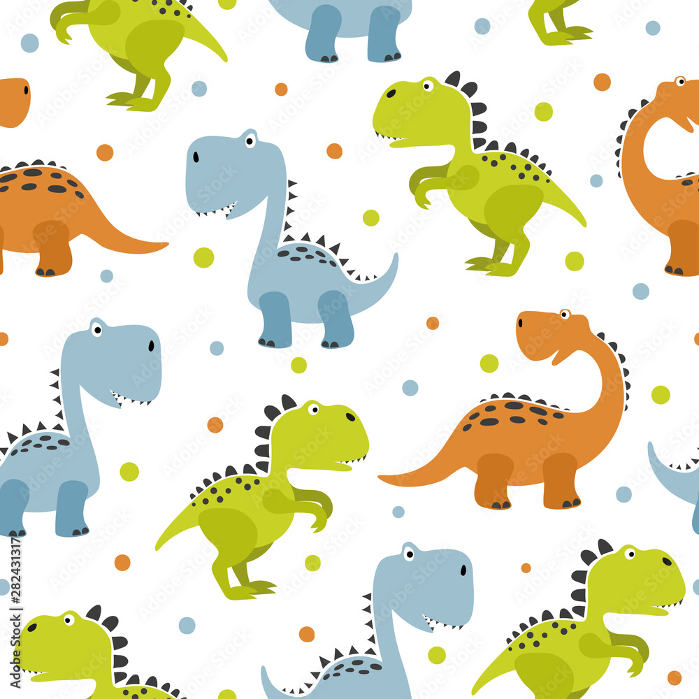 Seamless cute cartoon dinosaurs pattern. Vector colorful dino ...