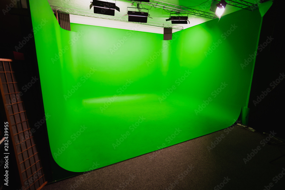Interior of Modern Film Chroma Key Studio with Green Screen and Light ...