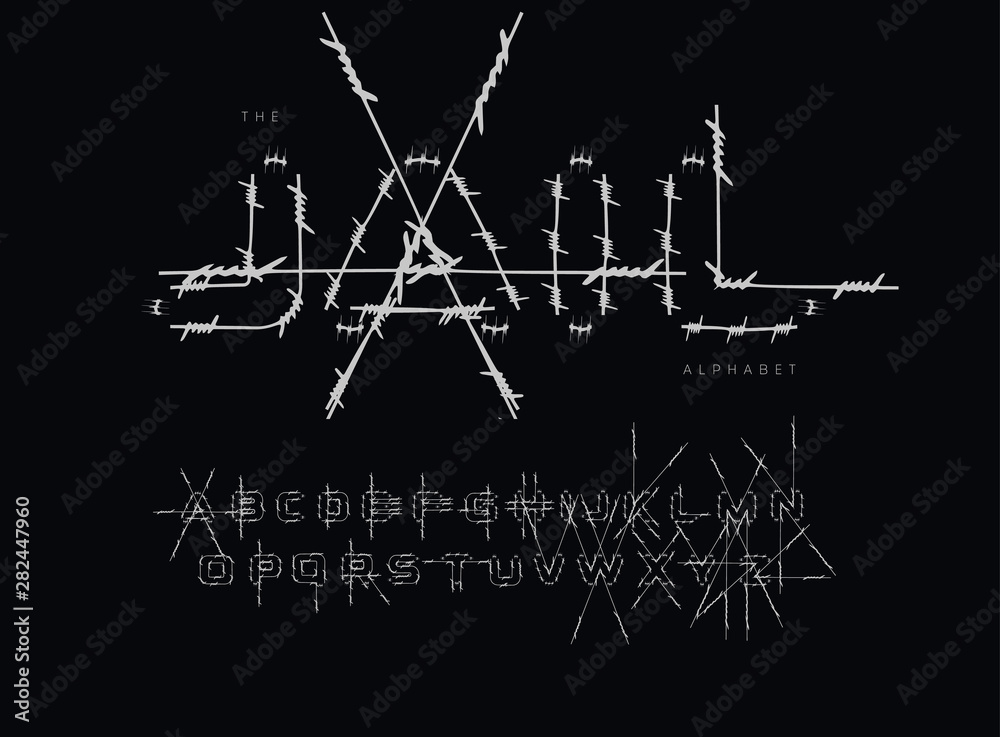 Prison letters and numbers set. Barbed Wire Stroke for Fencing. Font ...
