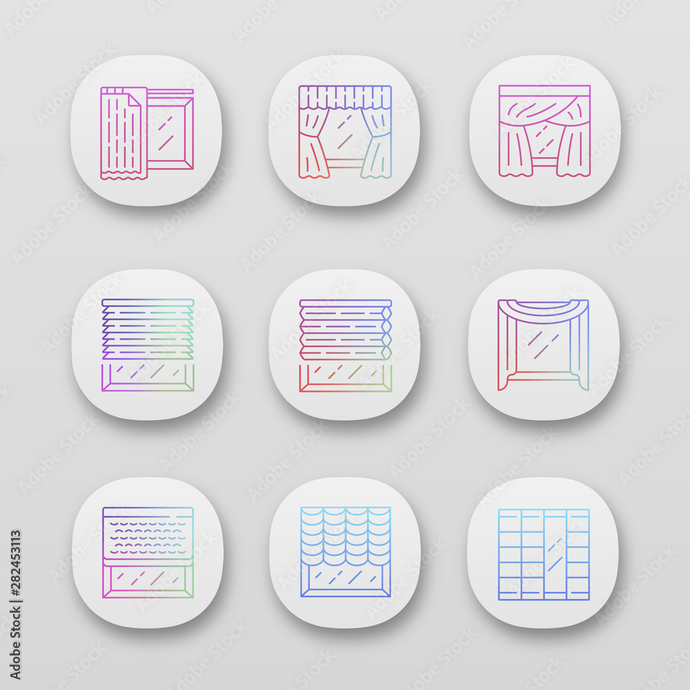 Jalousie and curtains app icons set. Cellular shades, window treatment ...