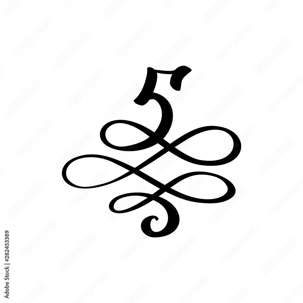 Vector Hand Drawn calligraphic floral number 5 monogram or logo. Hand ...
