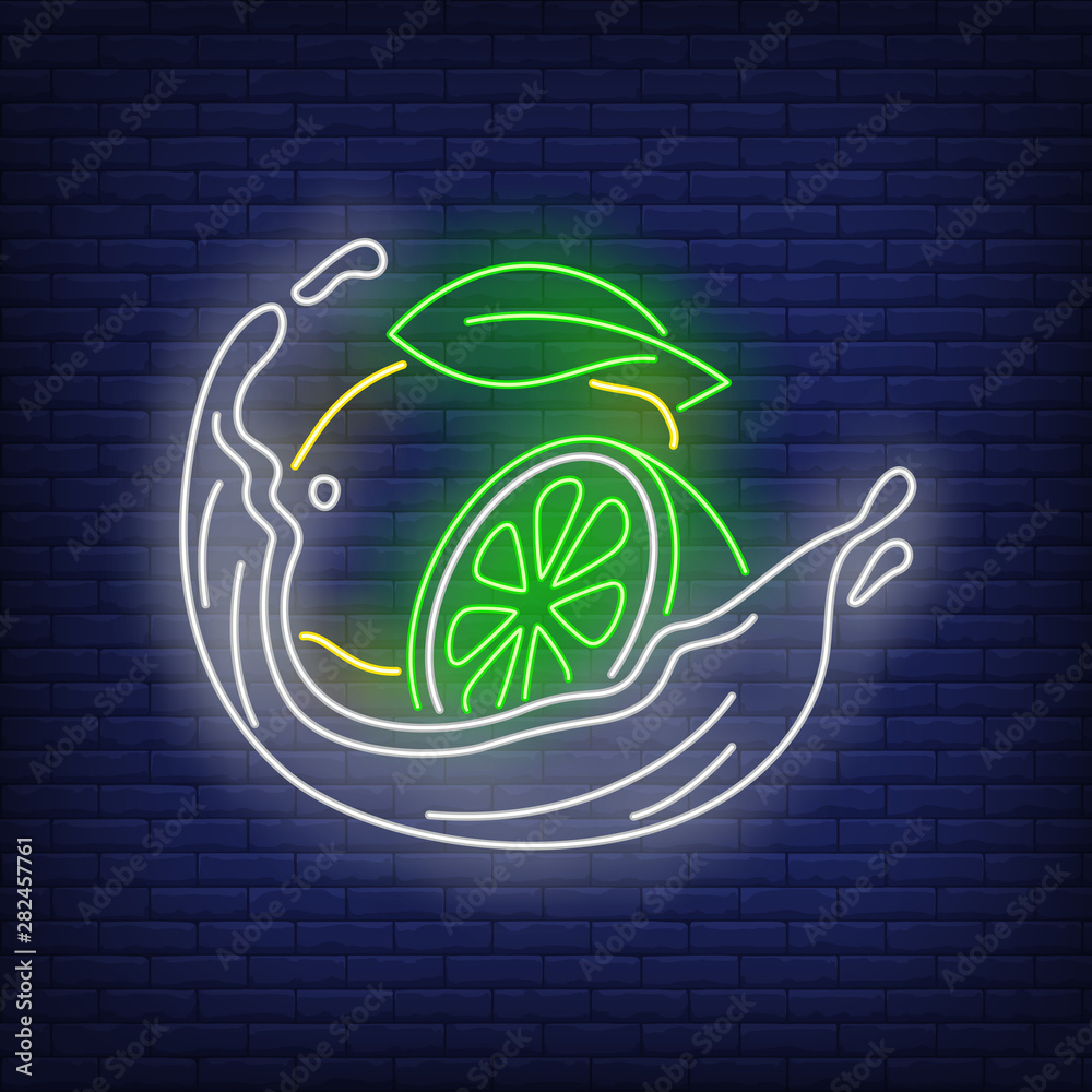 Lemon, lime and liquid splash neon sign. Citrus drink, beverage ...