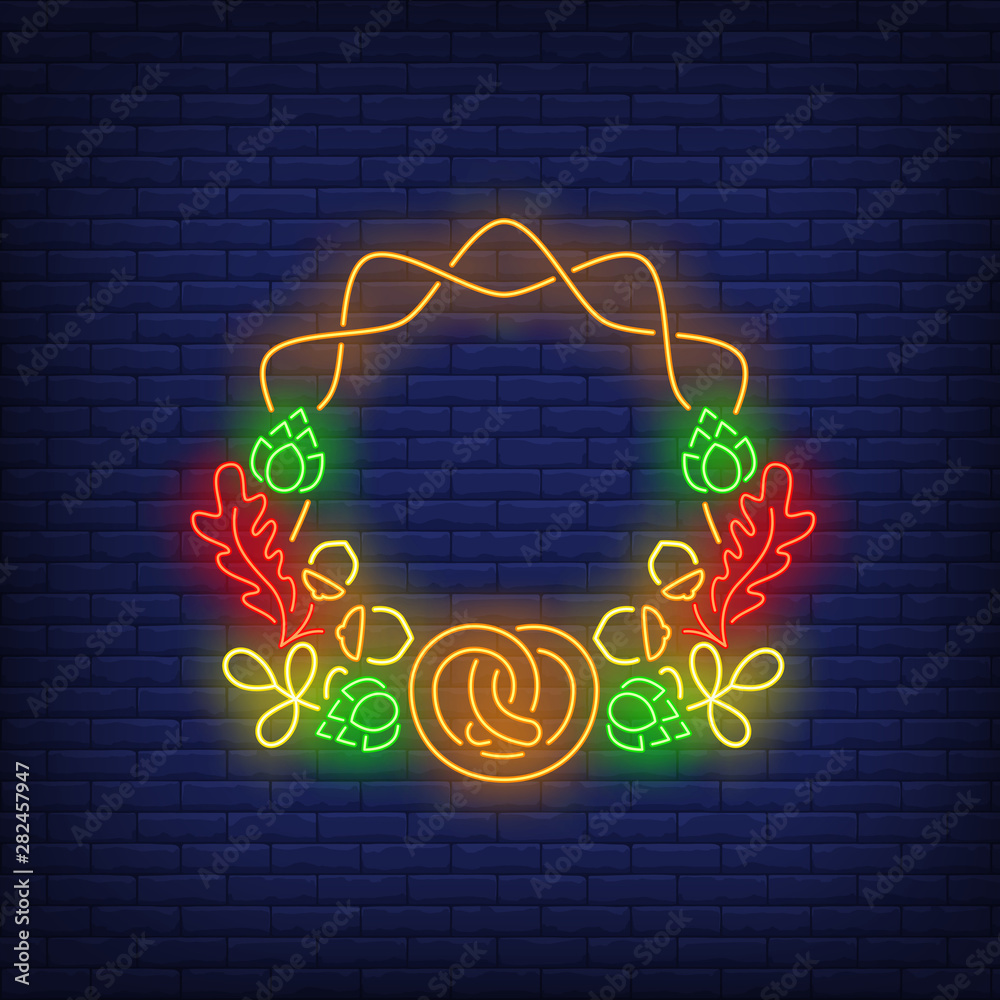 Autumn leaves, acorns, hop cones and pretzel frame neon sign. Autumn ...