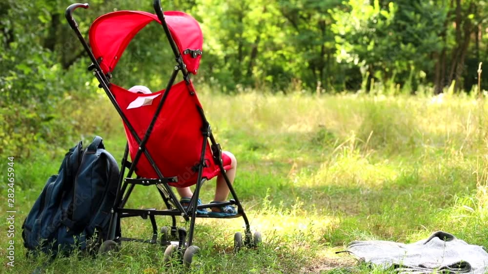 Rear view of stylish red stroller with sleeping little baby boy in ...