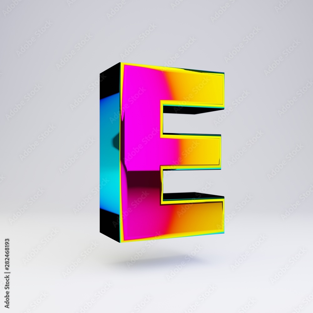 Holographic 3d letter E uppercase. Glossy font with multicolor ...