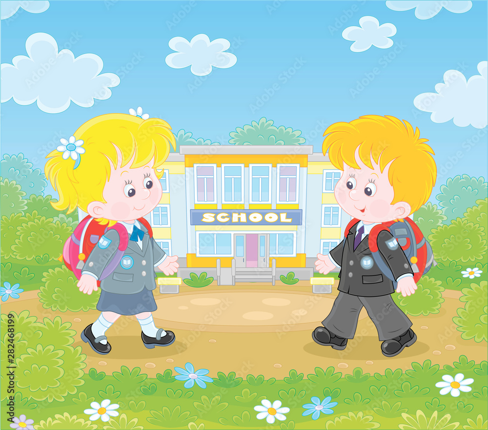 Happily smiling schoolchildren in uniform with schoolbags going to ...