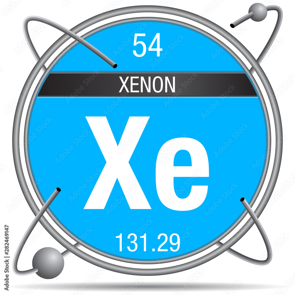 Xenon symbol inside a metal ring with colored background and spheres ...