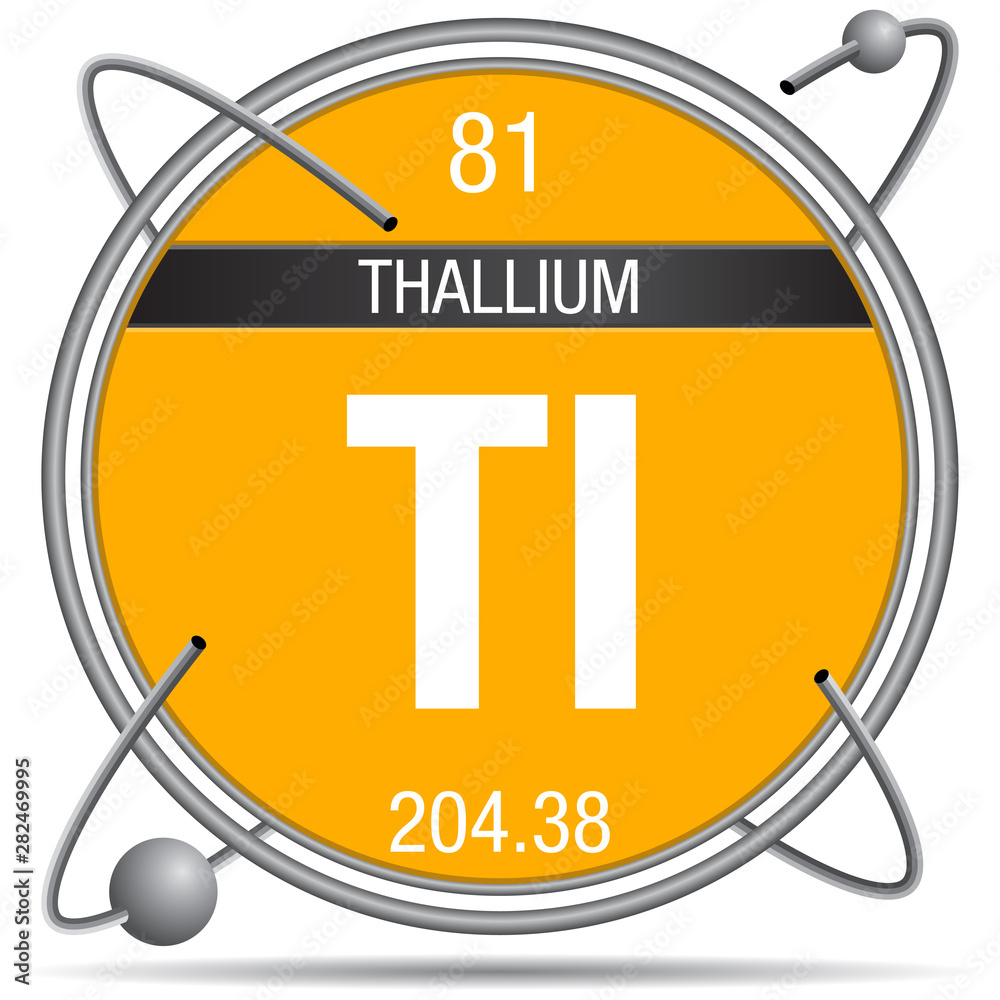 Thallium symbol inside a metal ring with colored background and spheres ...