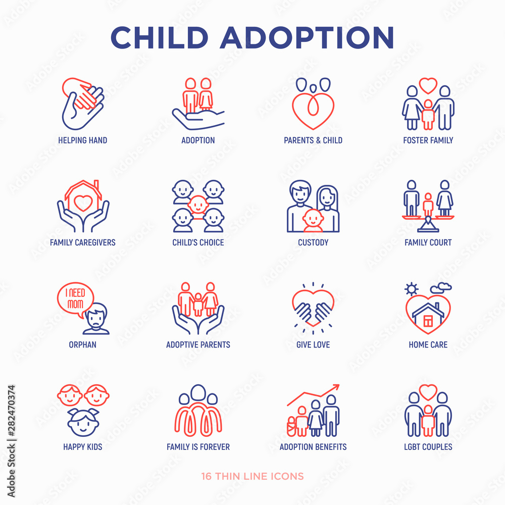 Child adoption thin line icons set: adoptive parents, helping hand ...