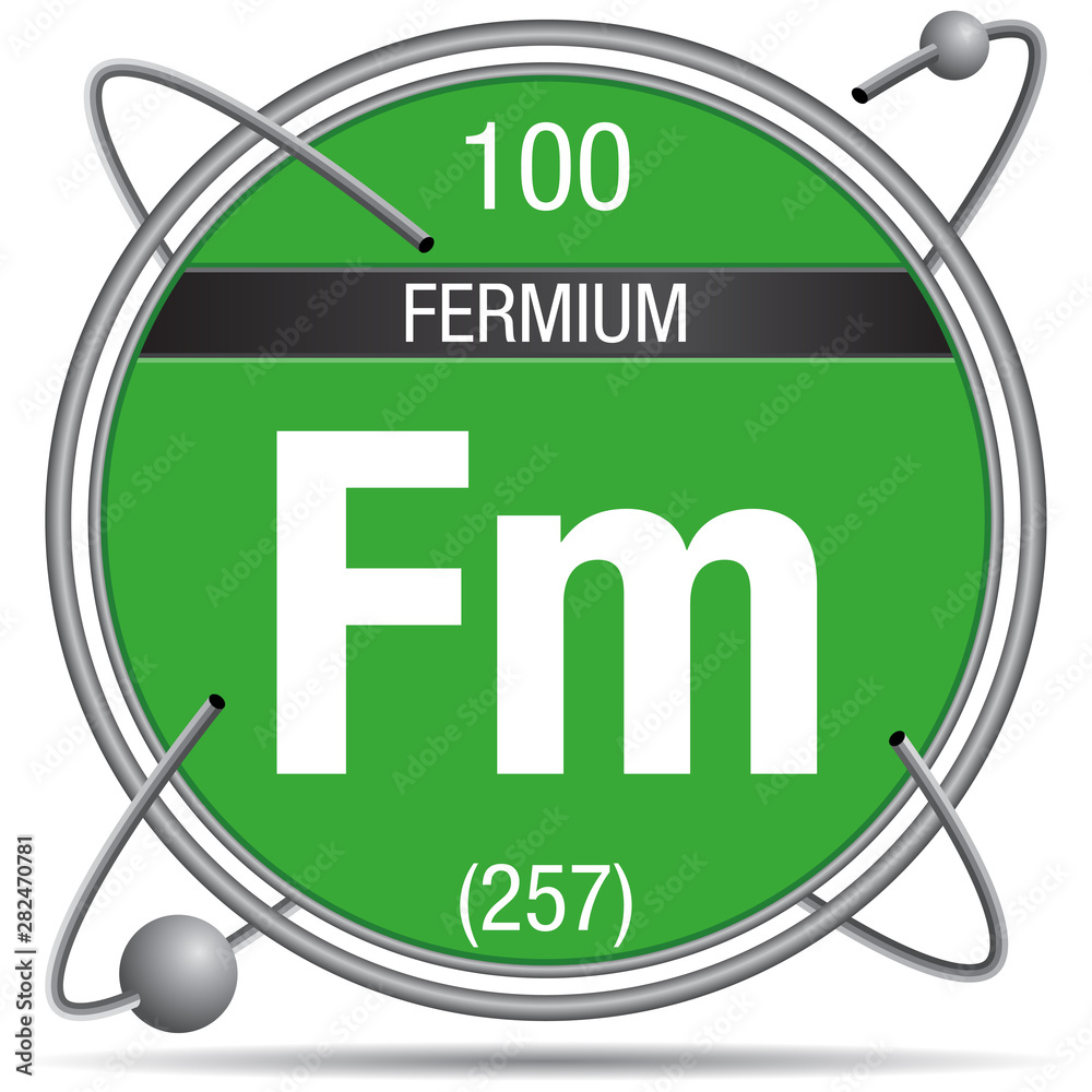 Fermium symbol inside a metal ring with colored background and spheres ...
