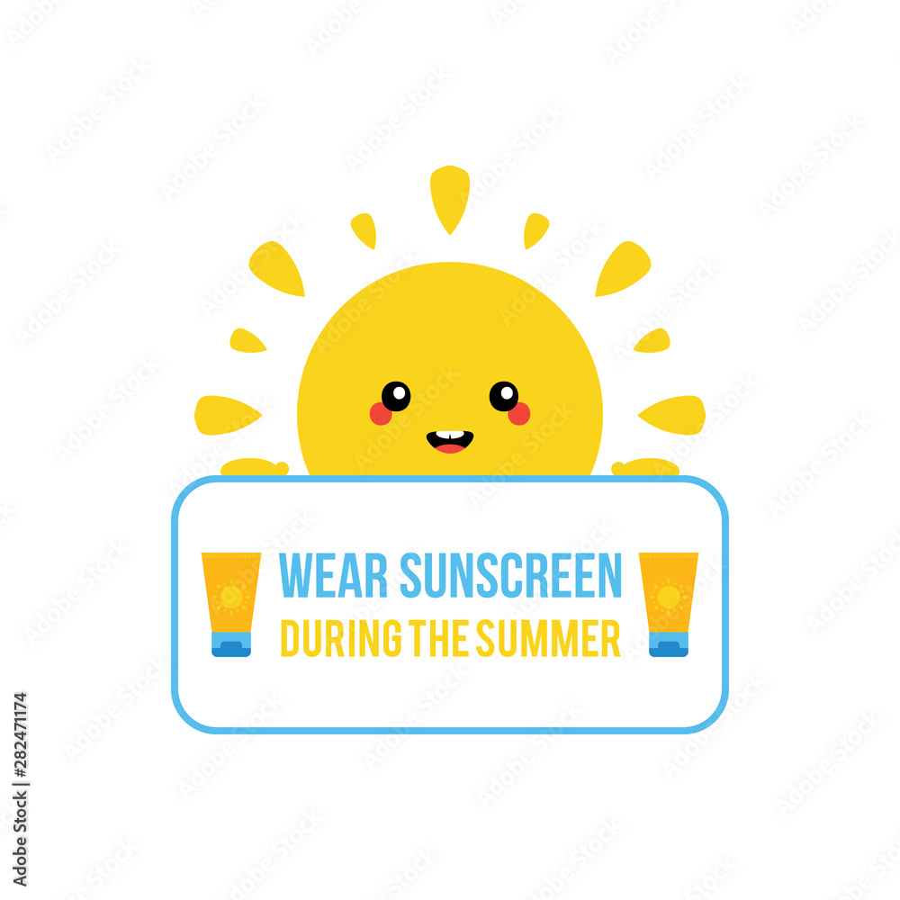 Cute and funny cartoon vector sun character, smiling, holding board ...