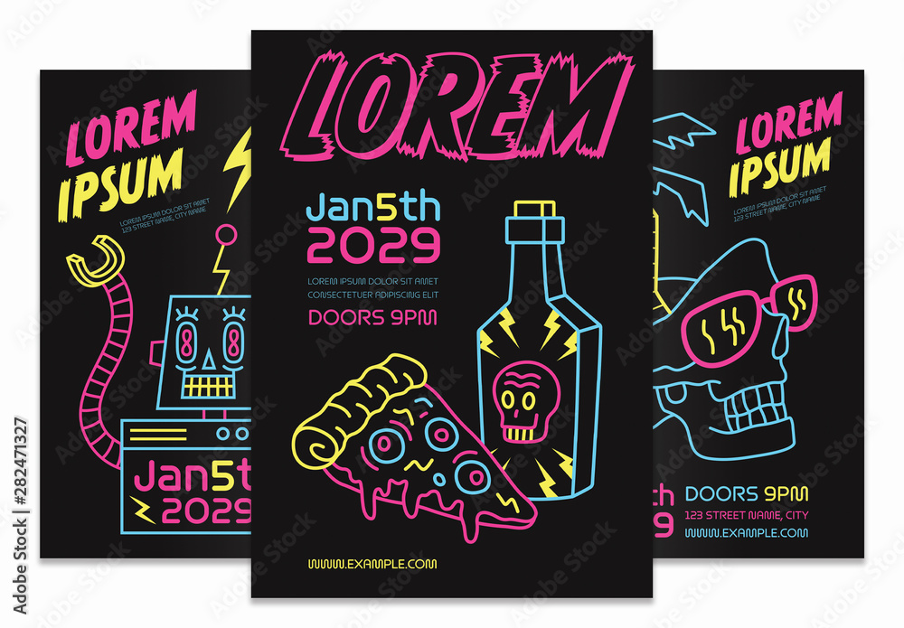 Neon Cartoon Style Poster Layout Set Stock Template | Adobe Stock