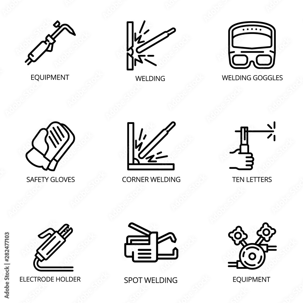 Welding tools icon set. Outline set of 9 welding tools vector icons for ...