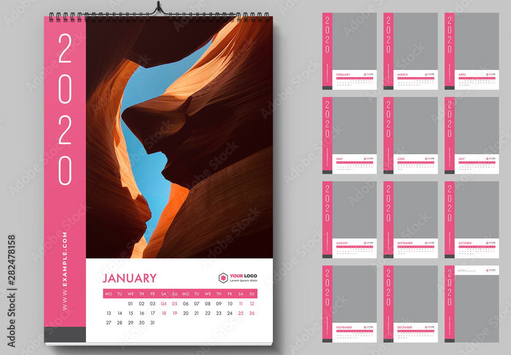 Wall Calendar Layout with Pink Accents Stock Template | Adobe Stock