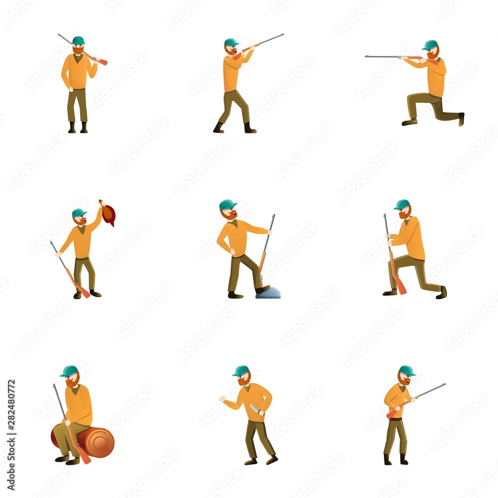 Hunter character icon set. Cartoon set of 9 hunter character vector ...