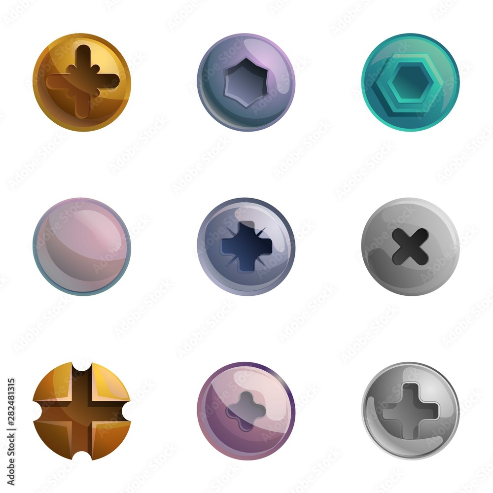 Screw bolt head icon set. Cartoon set of 9 screw bolt head vector icons ...