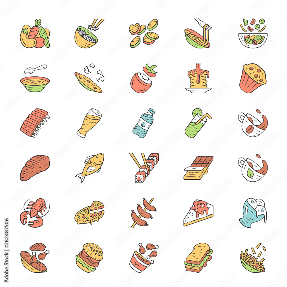 Menu dishes color icons set. Salads, first meal, main dishes. Burgers ...