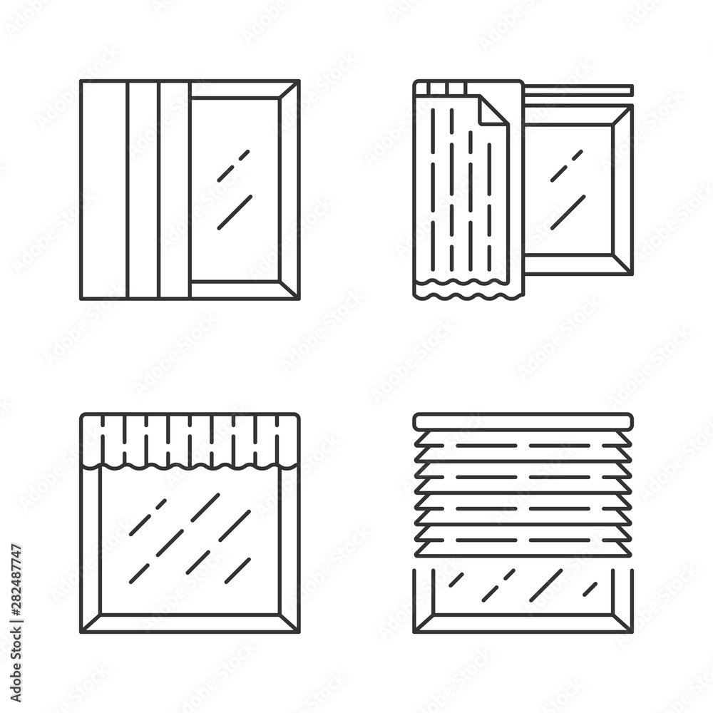 Window treatments linear icons set. Panel tracks, liner, valance ...