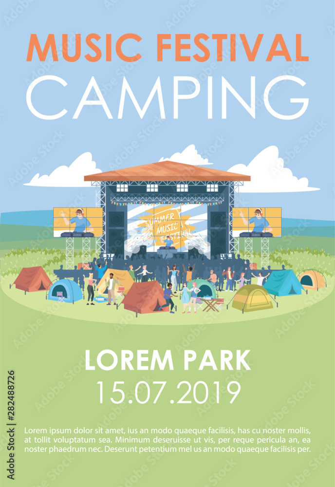 Music festival camping brochure template. Open air music fest flyer ...