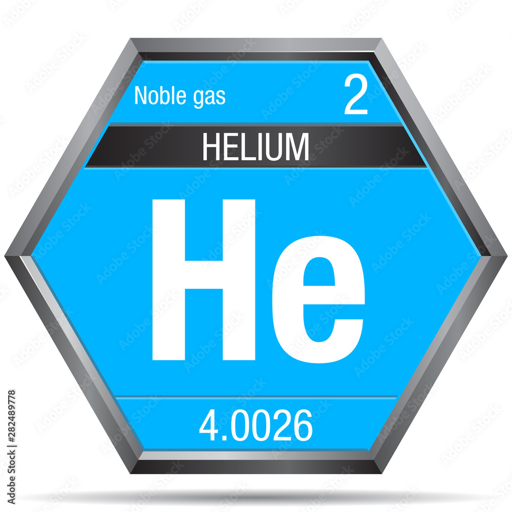 Helium symbol in the form of a hexagon with a metallic frame. Element ...
