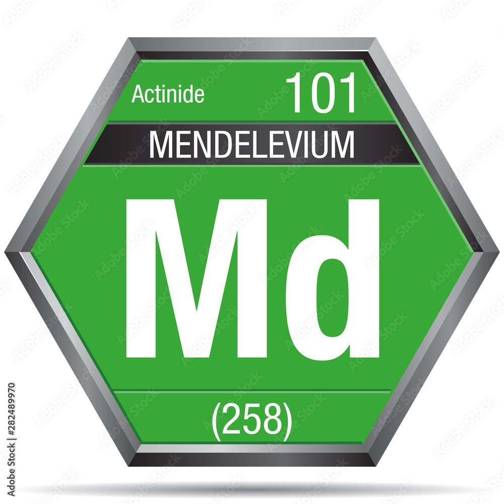 Mendelevium symbol in the form of a hexagon with a metallic frame ...