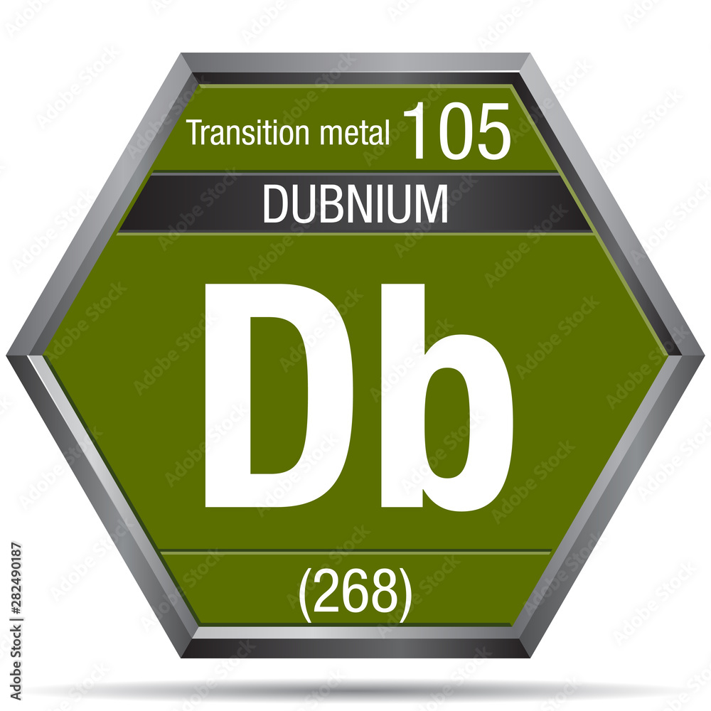 Dubnium symbol in the form of a hexagon with a metallic frame. Element ...