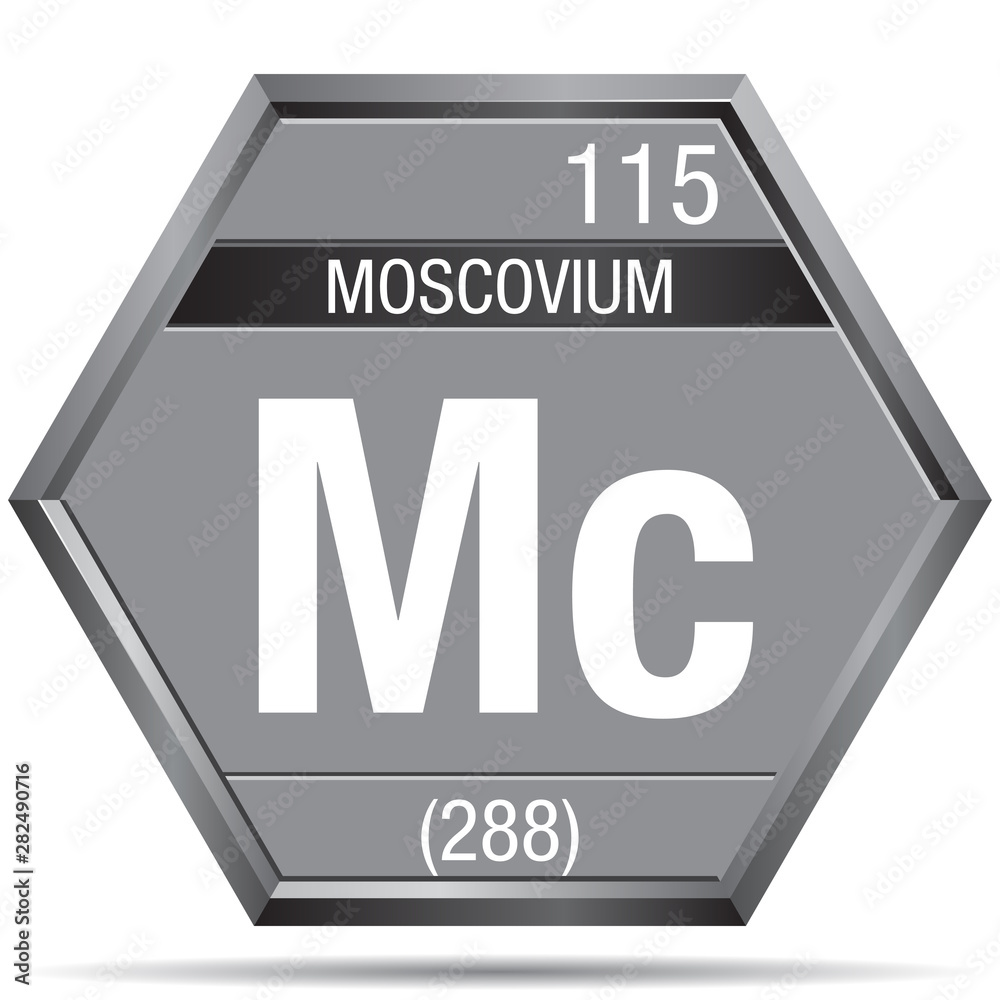 Moscovium symbol in the form of a hexagon with a metallic frame ...