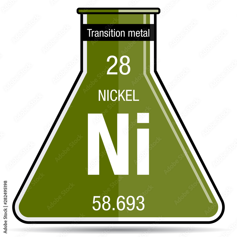 Nickel symbol on chemical flask. Element number 28 of the Periodic ...