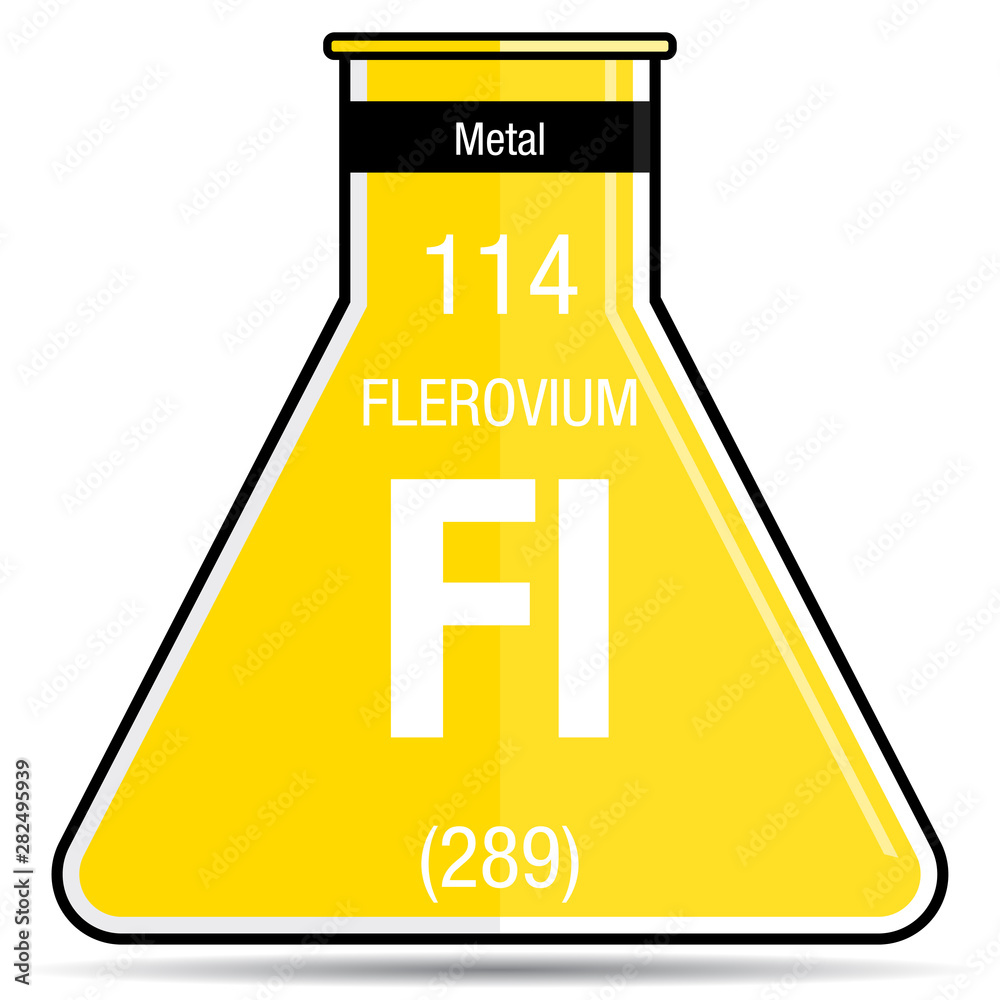 Flerovium symbol on chemical flask. Element number 114 of the Periodic ...
