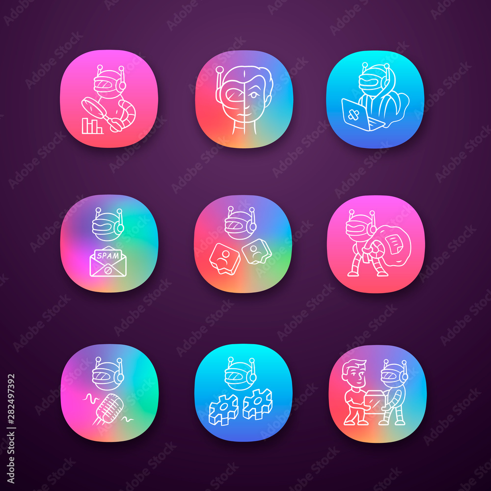 Internet bots app icons set. Hacker, spam, impersonator, monitoring ...