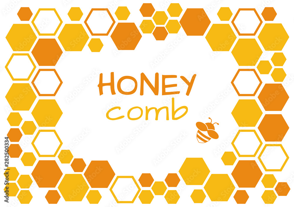 Honey background, yellow frame with honeycomb and bee, space for your ...