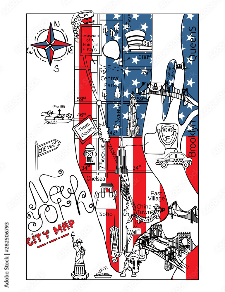 Large color hand drawn illustrated Tourist Map of New York City. Doodle ...