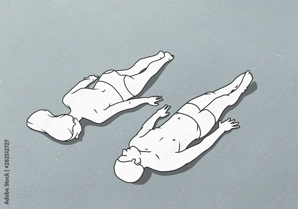 Female figure lying face down next male figure lying down on back Stock ...