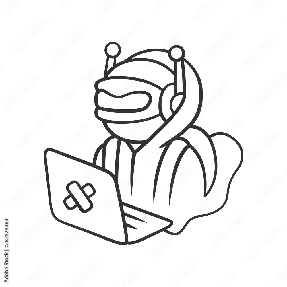 Hacker bot linear icon. Virus robot. Cyber pirate attack, crime, cybercrime. Malicious computer ...