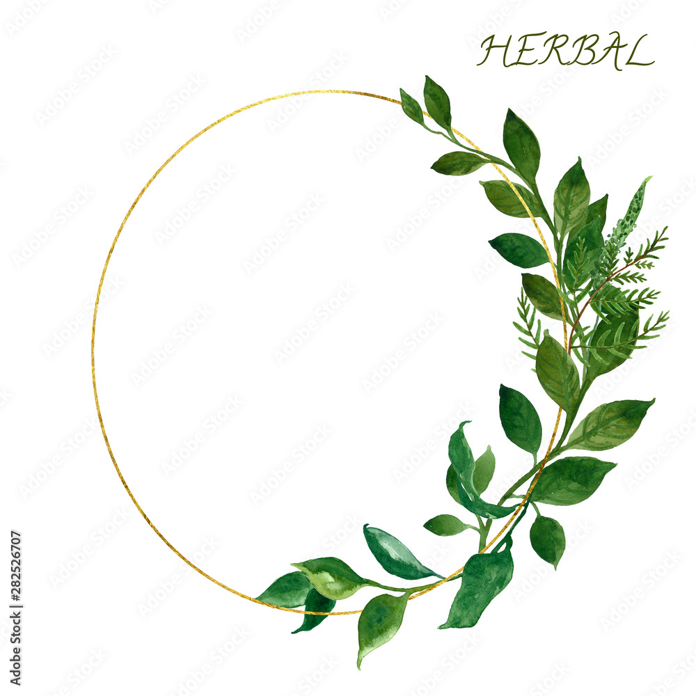 Watercolor botanical golden frame with wild herbs and green leaves on ...