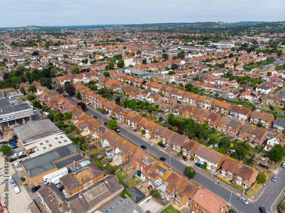 Aerial photo of the town of Worthing, large seaside town in England ...