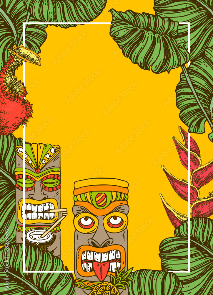 Flyer for tiki party. Background with wooden idols, tropical flowers ...