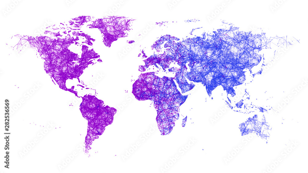 World map drawn with violet and light blue abstract lines on a light ...
