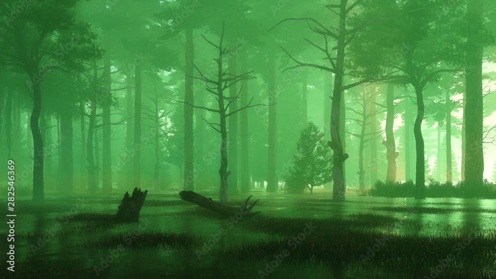 Mysterious forest swamp at foggy night or dusk Stock Illustration ...